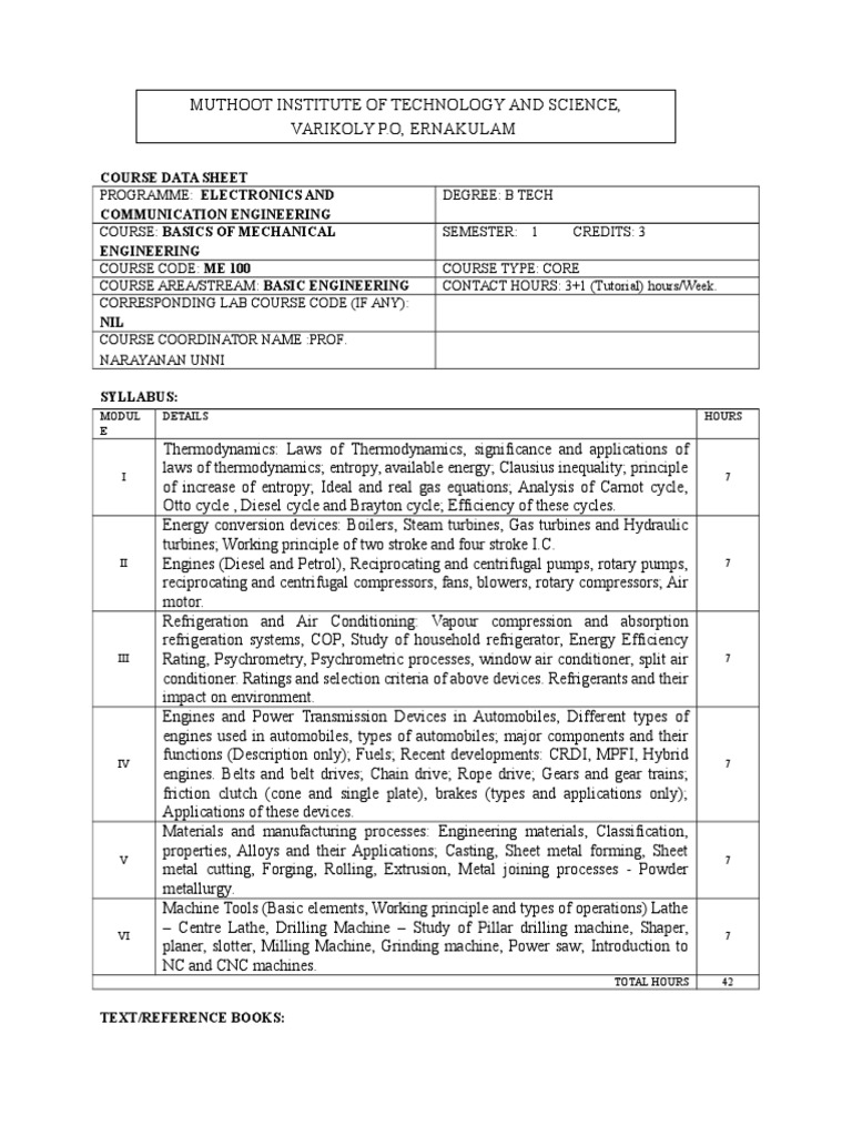 BME Course Data Sheet | Gas Compressor | Engines