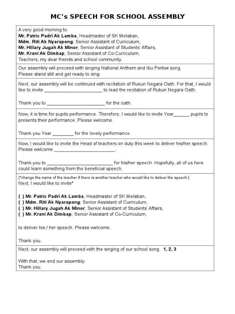 Mc's Speech For School Assembly | PDF