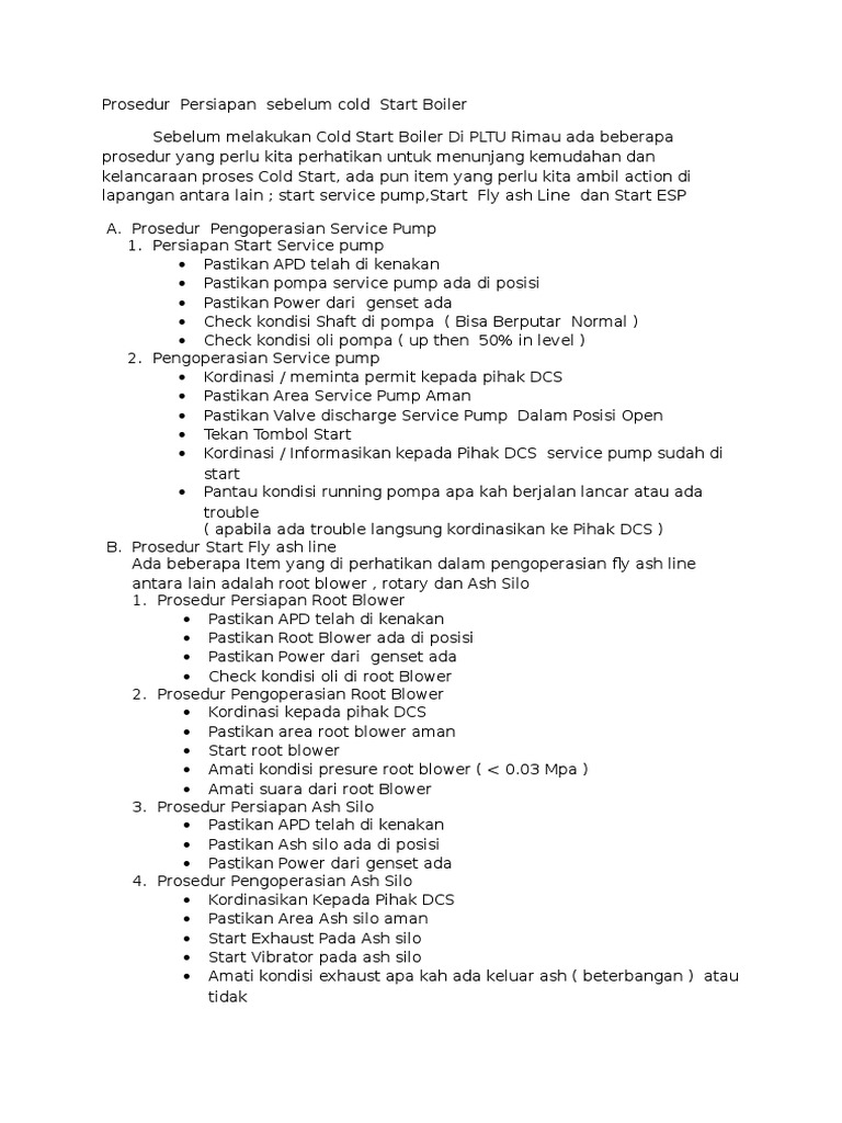 Prosedur Persiapan Sebelum Cold Start Boiler | PDF