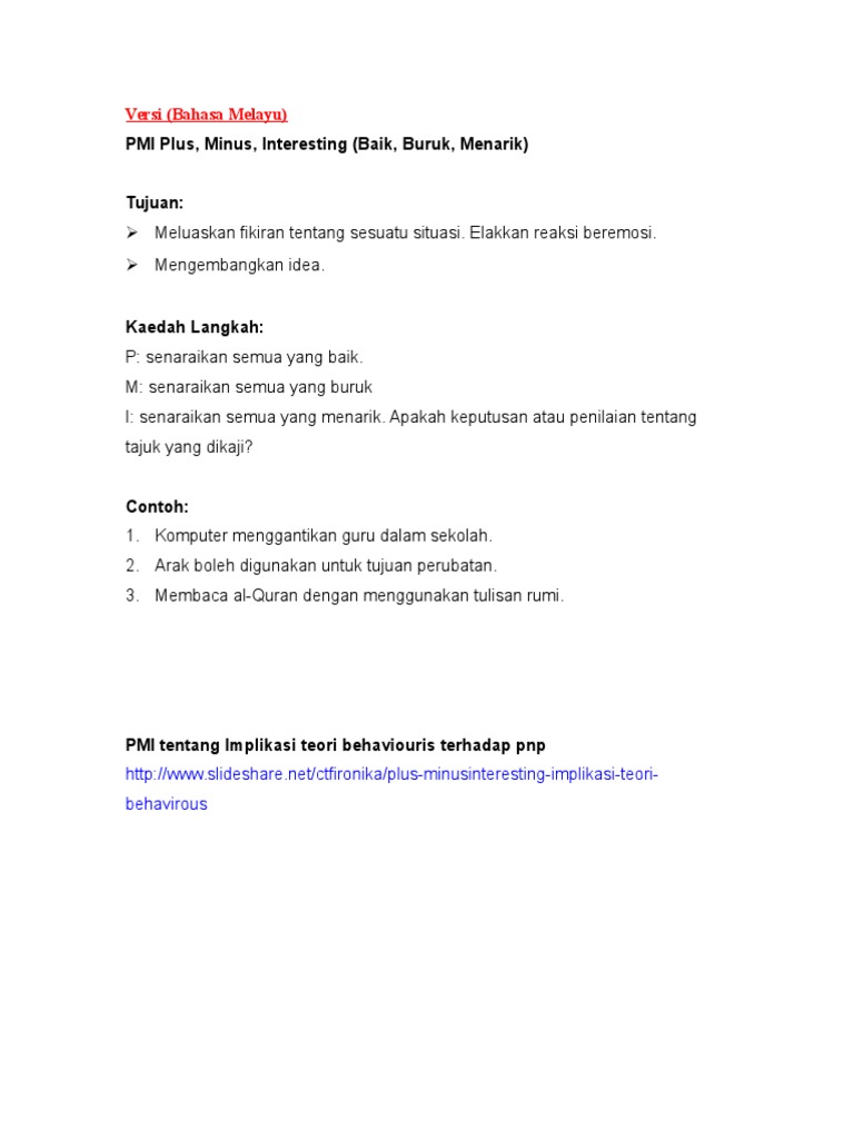 PMI Plus, Minus, Interesting (Baik, Buruk, Menarik) : Versi (Bahasa ...