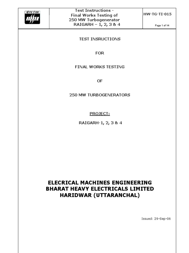 Test Procedure of Generator - For U#1,2,3&4 PDF | PDF | Electrical ...