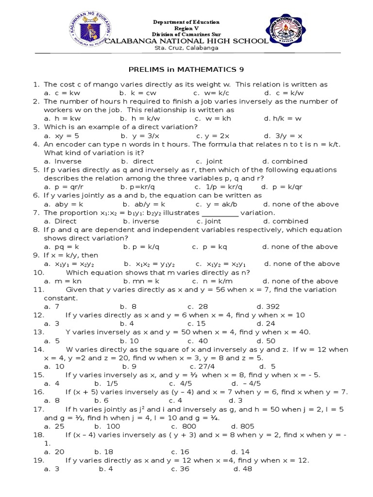 Variation Concepts and Problems for Grade 9 | PDF