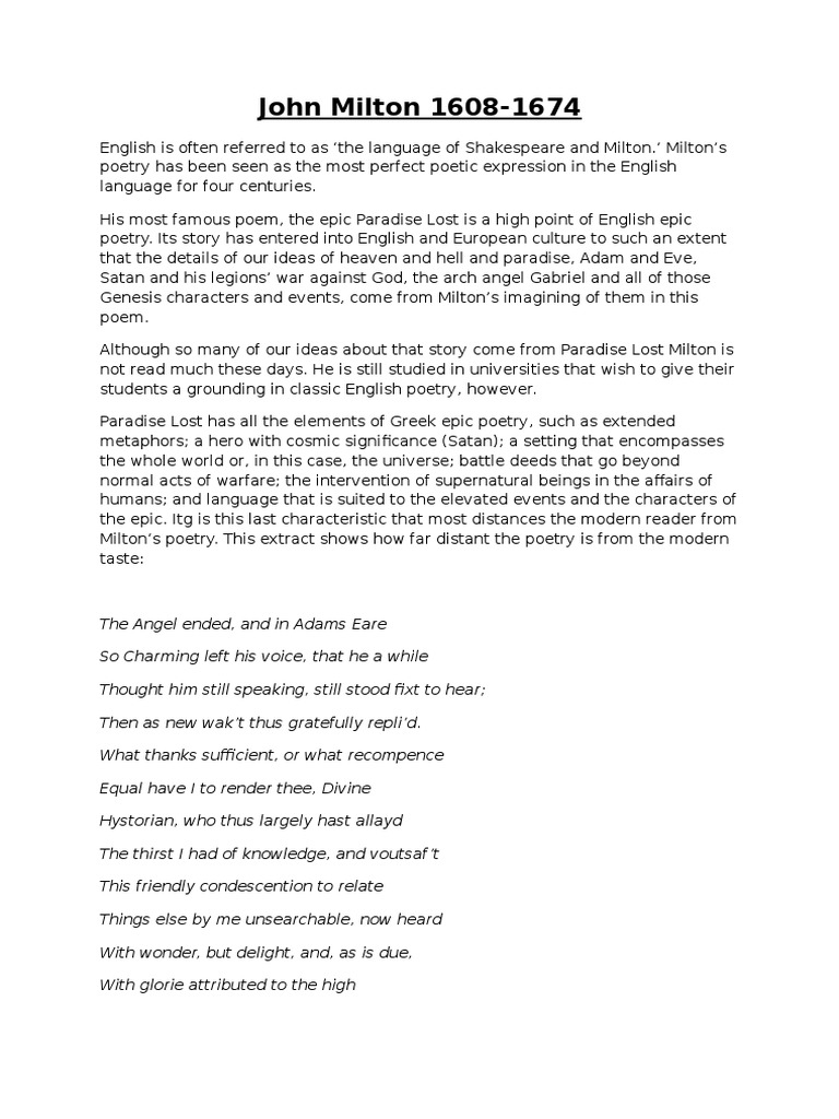 John Milton | PDF | Paradise Lost | Religious Belief And Doctrine