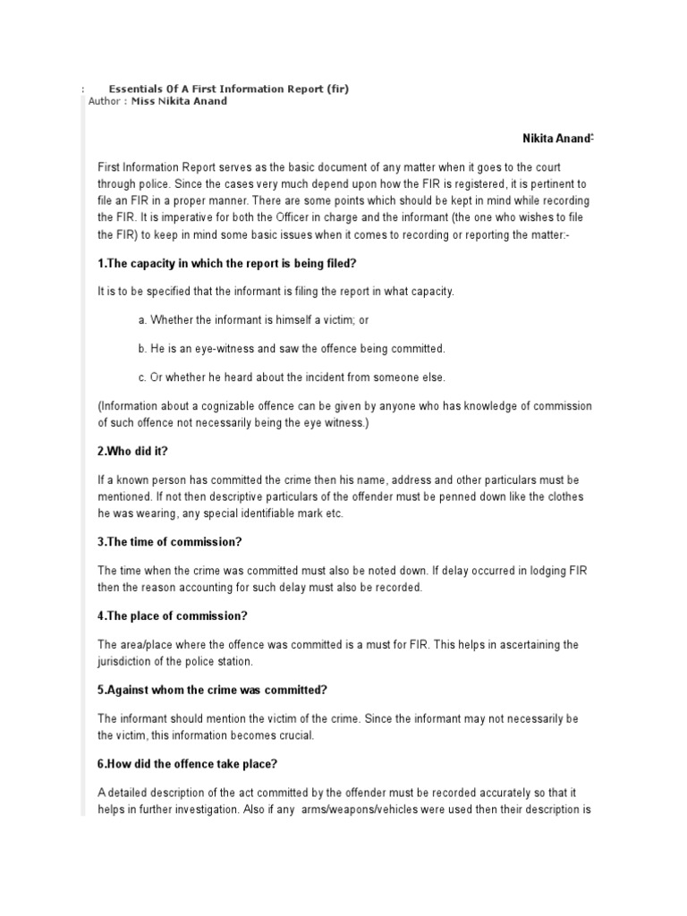 Essentials of A First Information Report | PDF | Victimology | Crime ...