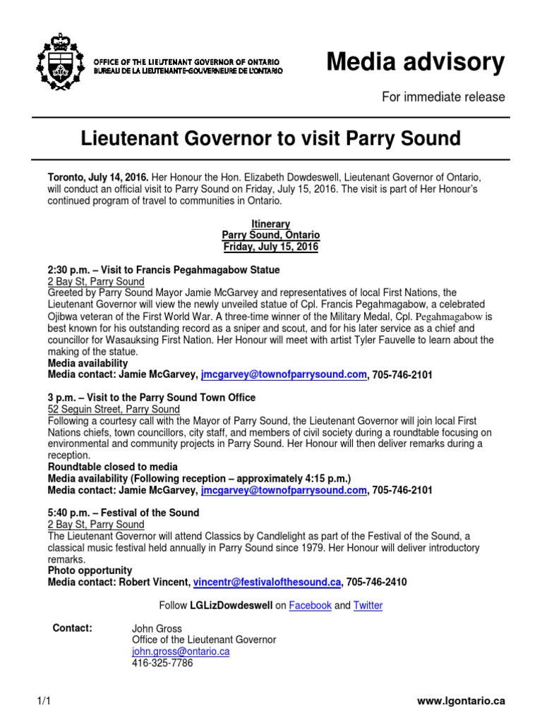 Lieutenant Governor To Visit Parry Sound | PDF