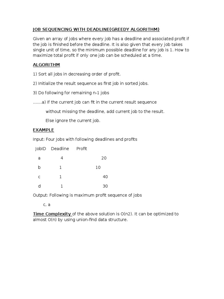 Job Sequencing With Deadline (Greedy Algorithm) | PDF