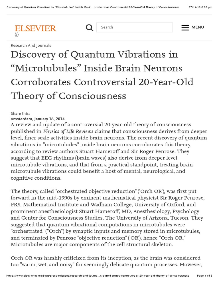 Discovery of Quantum Vibrations in "Microtubules" Inside Brain Neurons ...
