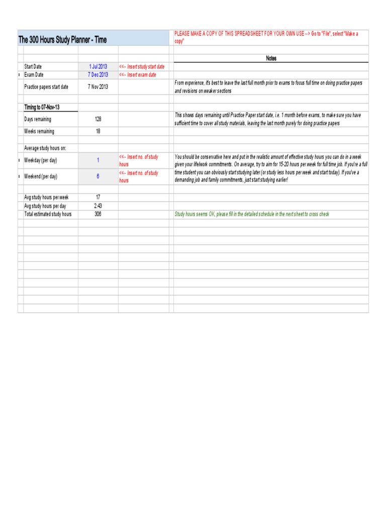The 300 Hours Study Planner - Time: - Insert Study Start Date - Insert ...