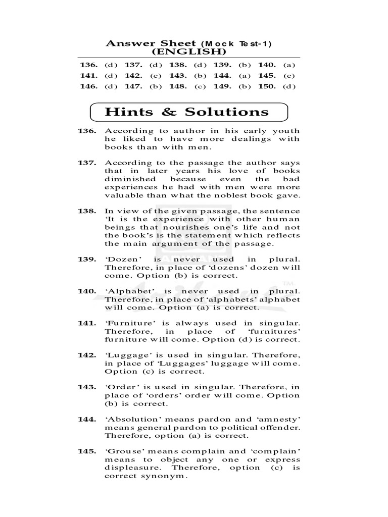 Hints & Solutions: Answer Sheet (English) | PDF
