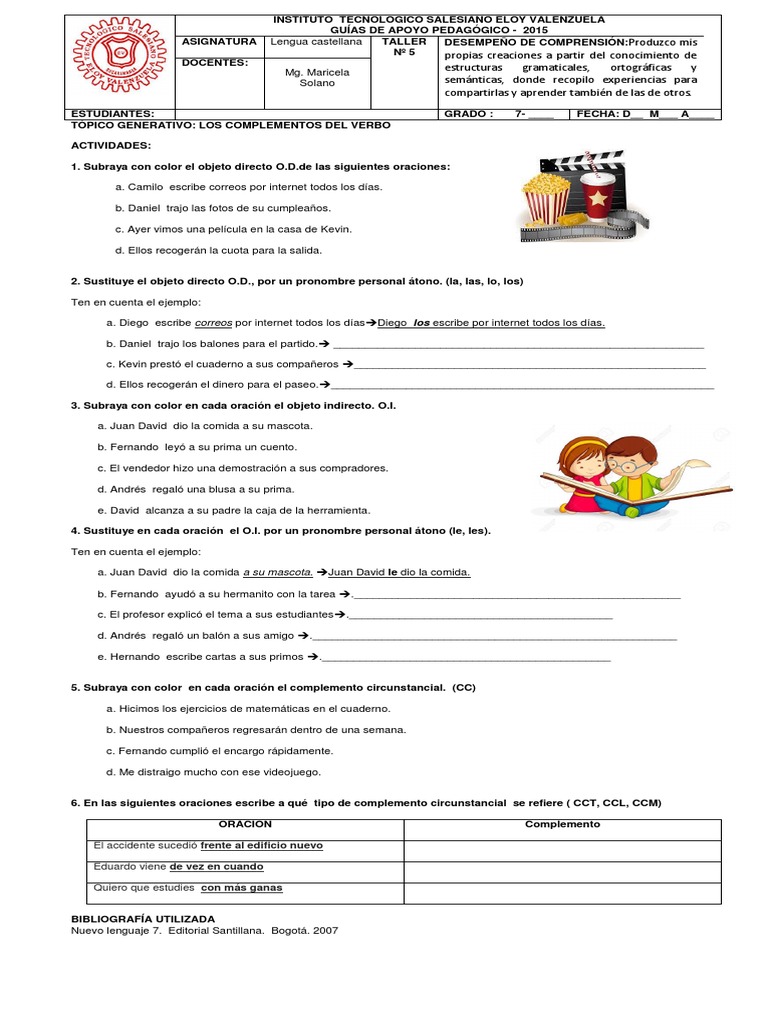 Taller No.5 grado 7° Complementos del verbo (1)