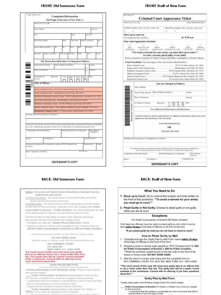 NYC Summons Redesign Side by Side 8-10-15 | PDF | Plea | Summons