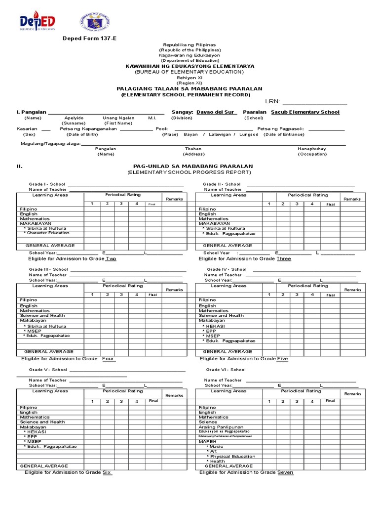 Deped Form 137-E Elementary School Permanent Record | PDF | Value (Ethics) | Faith
