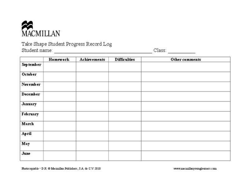 Take Shape Student Progress Record Log Student Name: - Class | PDF