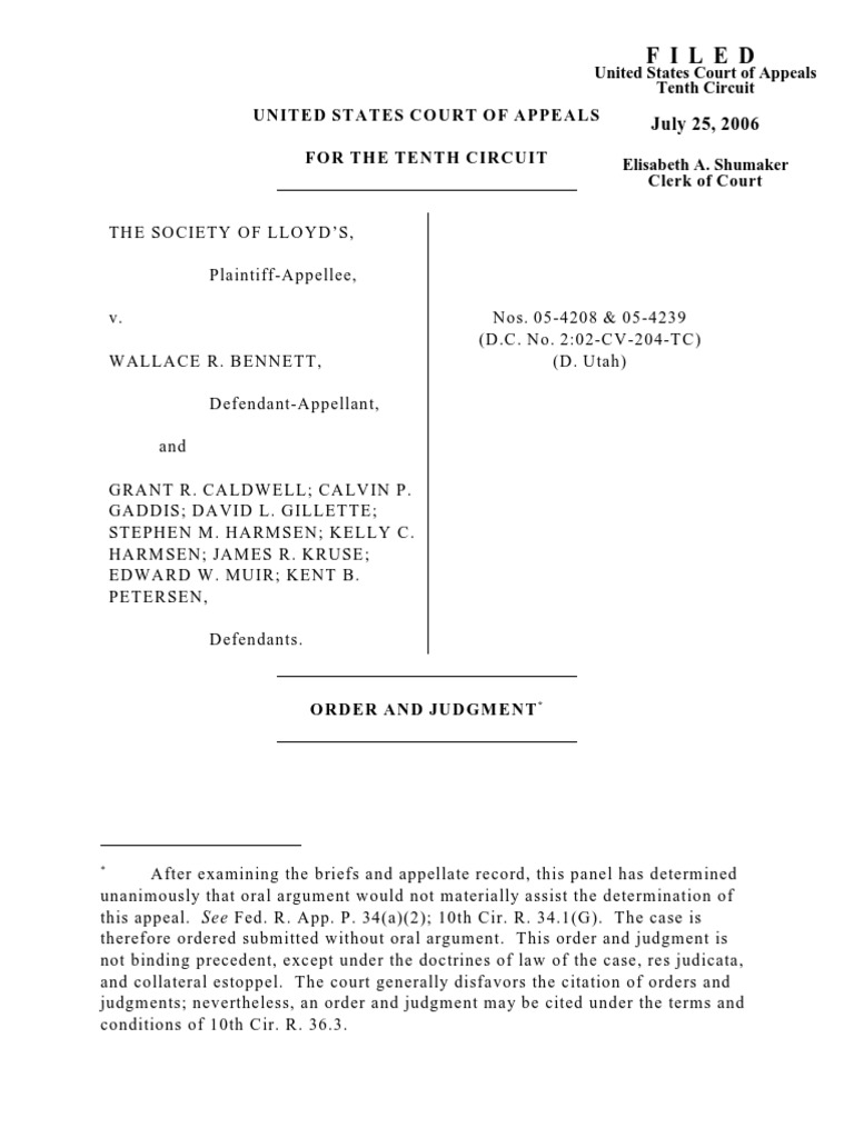 Society of Lloyd's v. Bennett, 10th Cir. (2006) | PDF | United States ...