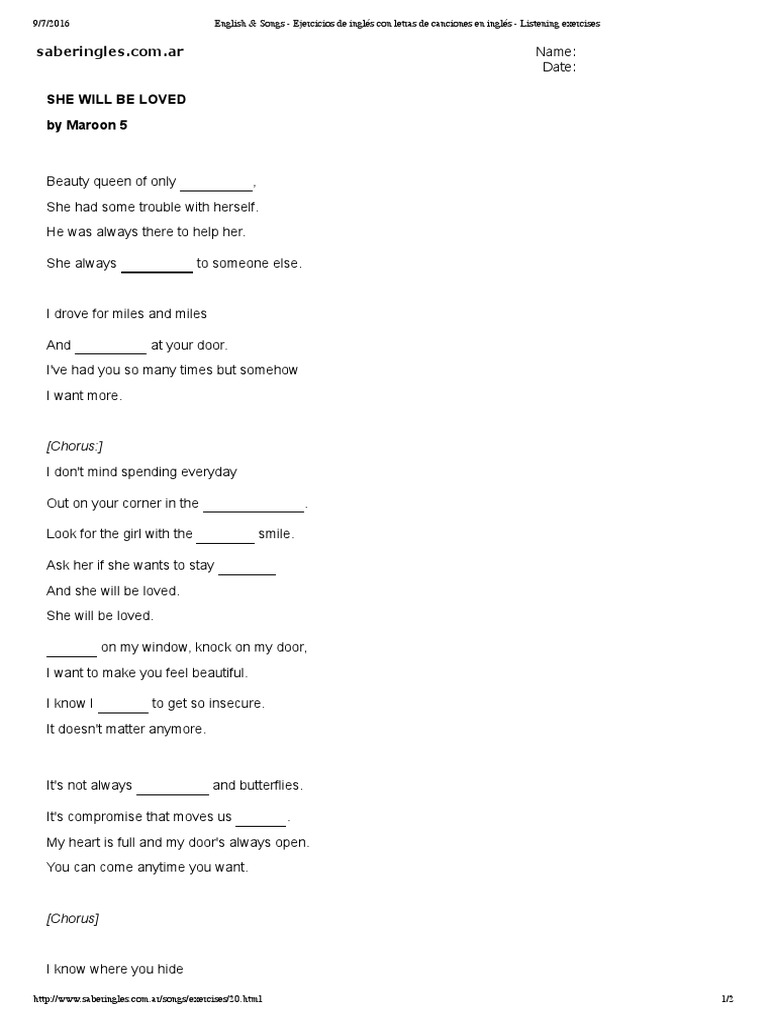 English & Songs - Ejercicios de Inglés Con Letras de Canciones en ...