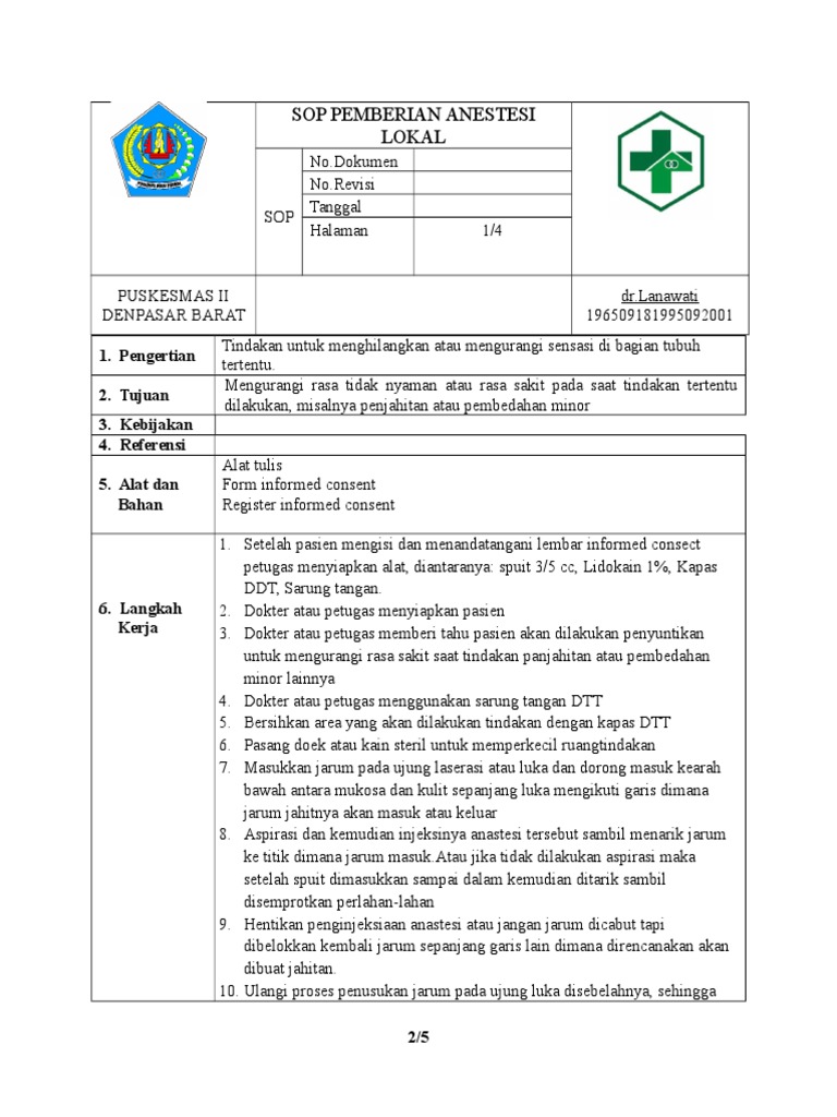 SOP Anestesi Lokal di Puskesmas | PDF | Pengembangan Diri