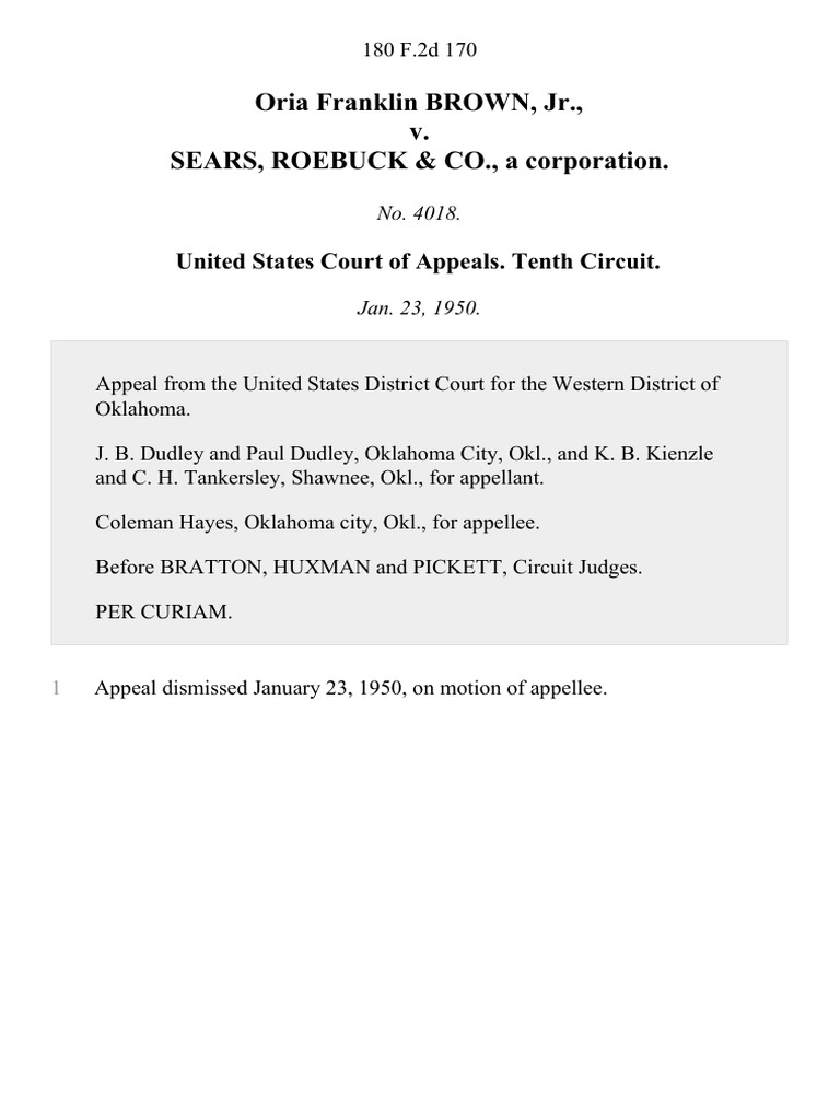 Oria Franklin Brown, Jr. v. Sears, Roebuck & Co., A Corporation, 180 F ...