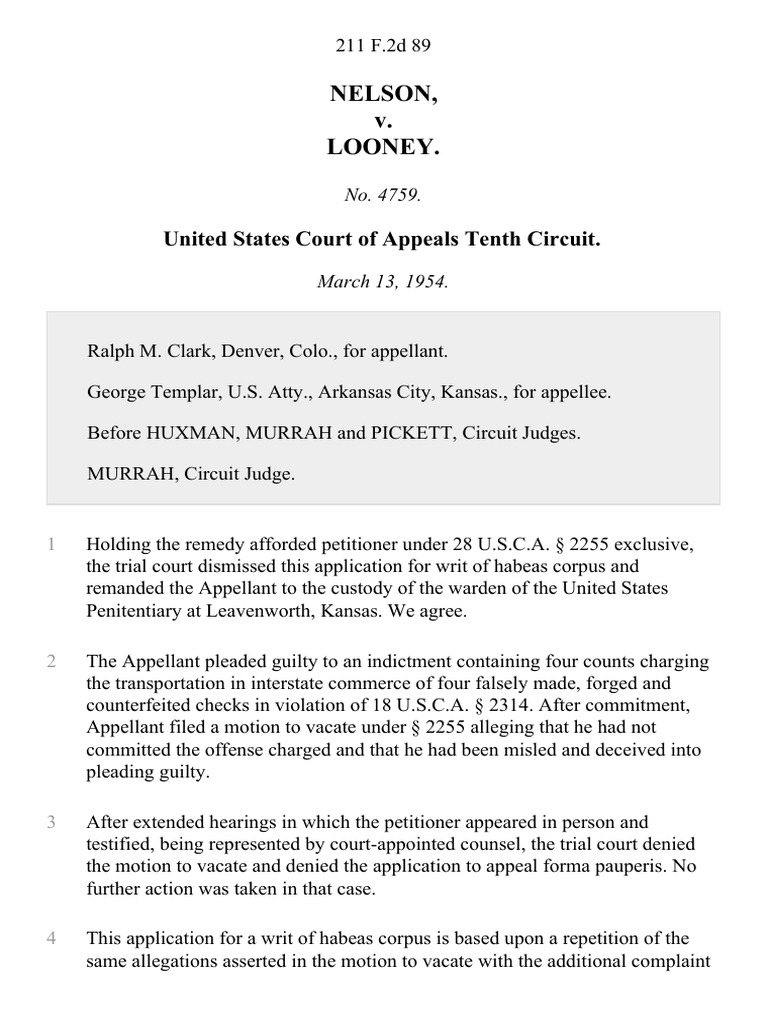 Nelson v. Looney, 211 F.2d 89, 10th Cir. (1954) | PDF