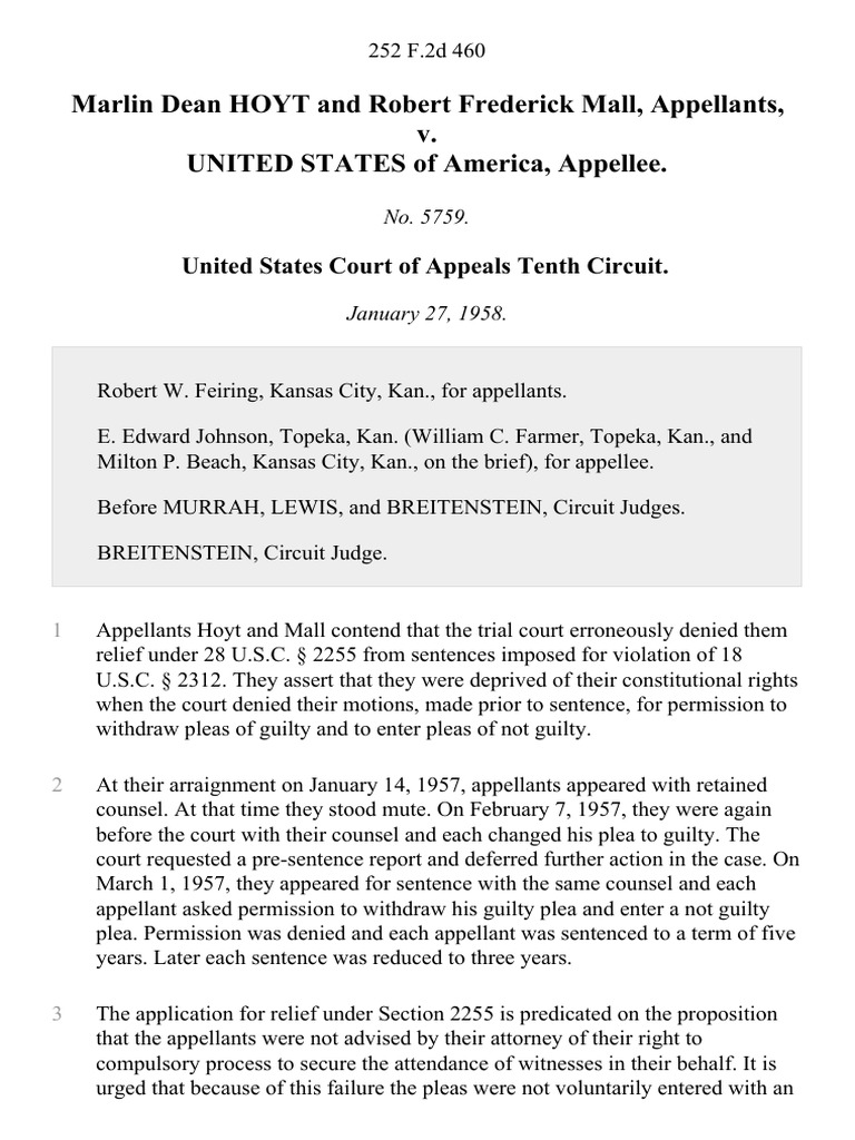 Marlin Dean Hoyt and Robert Frederick Mall v. United States, 252 F.2d ...