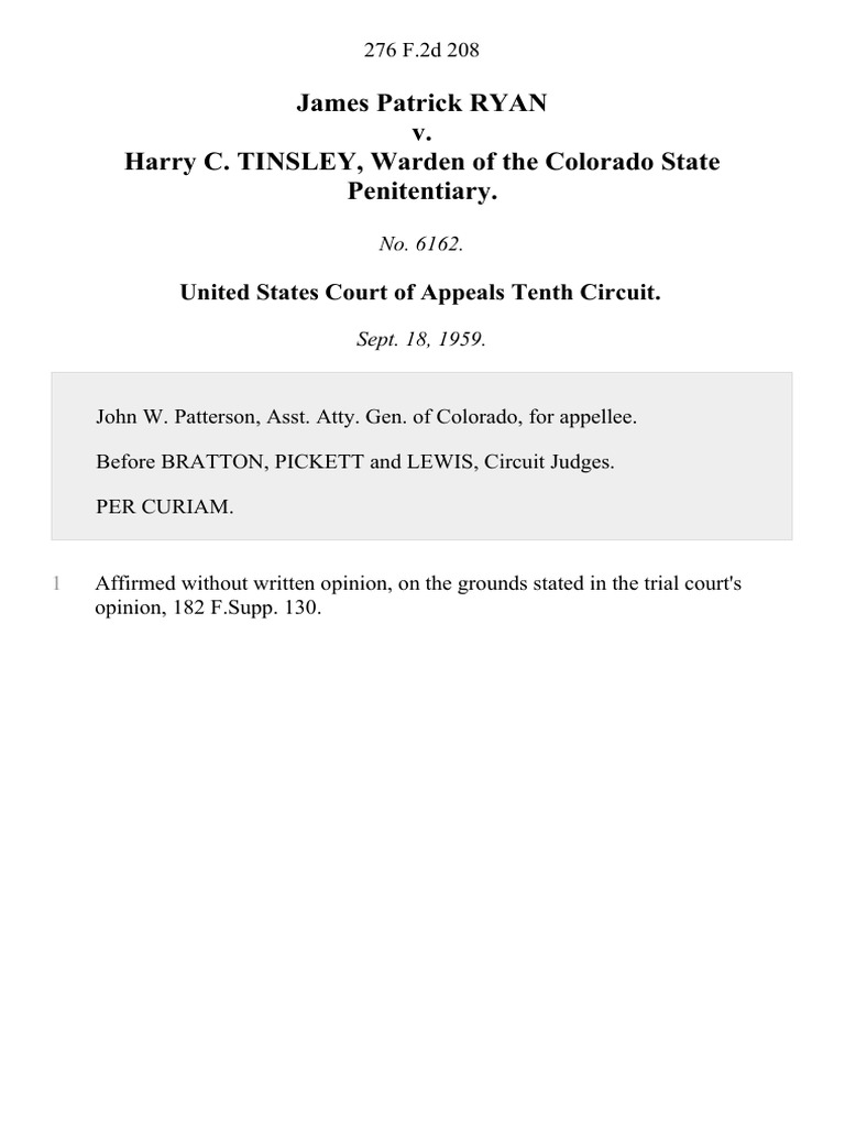 James Patrick Ryan v. Harry C. Tinsley, Warden of The Colorado State Penitentiary, 276 F.2d 208 ...
