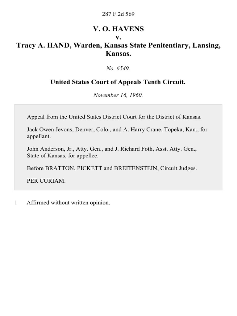V. O. Havens v. Tracy A. Hand, Warden, Kansas State Penitentiary ...