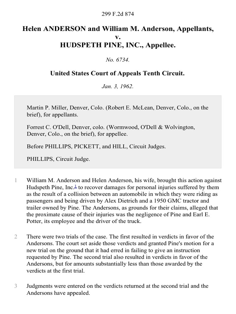 Helen Anderson and William M. Anderson v. Hudspeth Pine, Inc., 299 F.2d ...