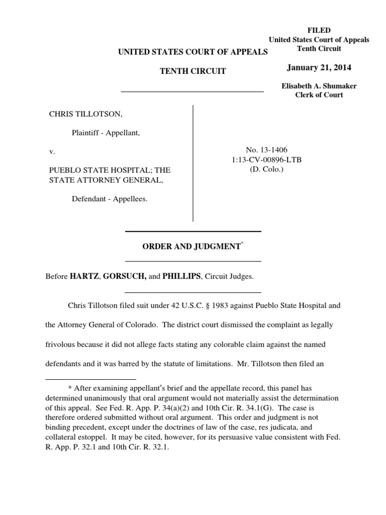 Tillotson v. Pueblo State Hospital, 10th Cir. (2014) | PDF | Social ...