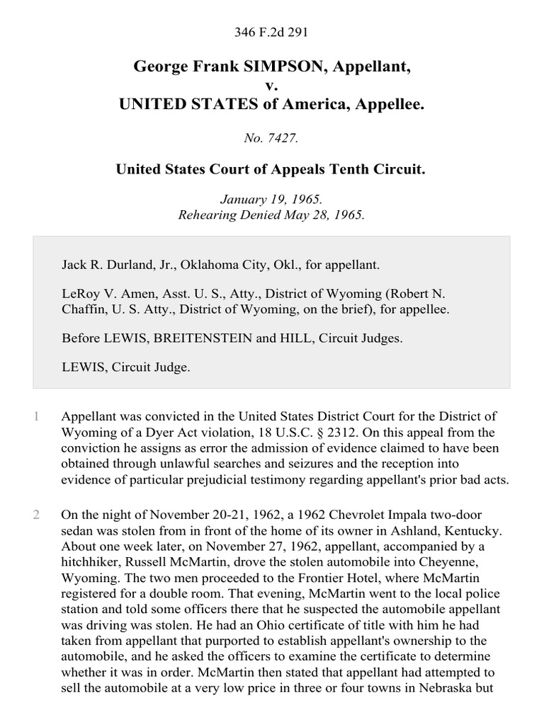 George Frank Simpson v. United States, 346 F.2d 291, 10th Cir. (1965 ...