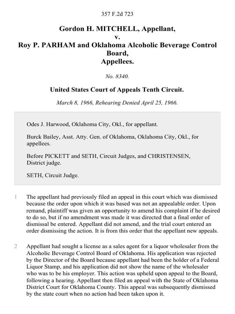 Gordon H. Mitchell v. Roy P. Parham and Oklahoma Alcoholic Beverage ...