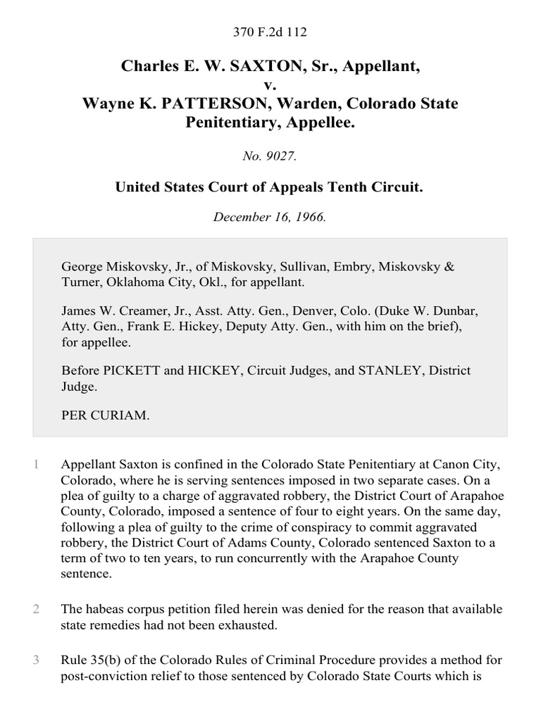 Charles E. W. Saxton, Sr. v. Wayne K. Patterson, Warden, Colorado State Penitentiary, 370 F.2d ...