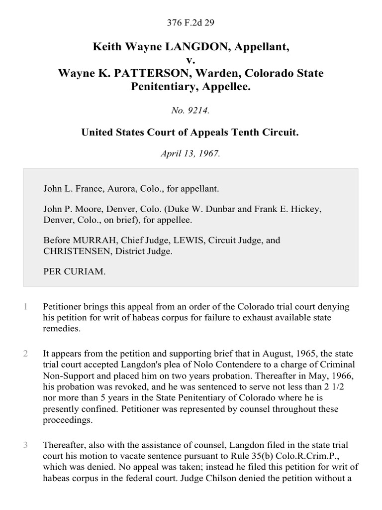 Keith Wayne Langdon v. Wayne K. Patterson, Warden, Colorado State Penitentiary, 376 F.2d 29 ...