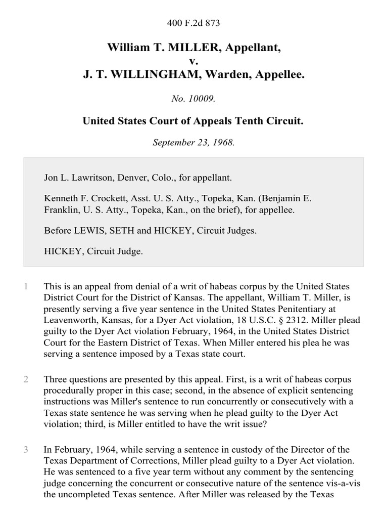 William T. Miller v. J. T. Willingham, Warden, 400 F.2d 873, 10th Cir ...