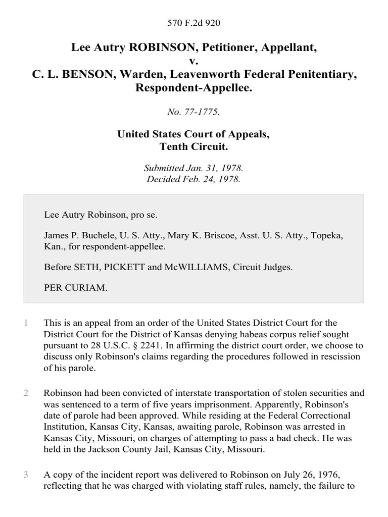 Lee Autry Robinson v. C. L. Benson, Warden, Leavenworth Federal ...