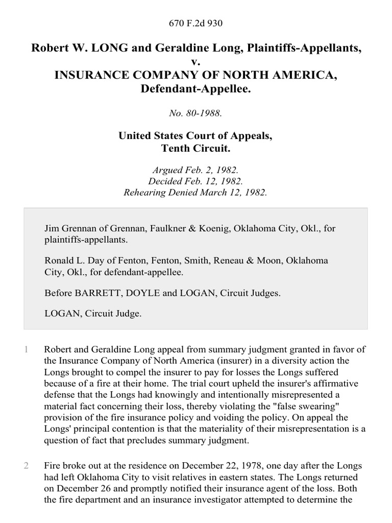 Robert W. Long and Geraldine Long v. Insurance Company of North America ...
