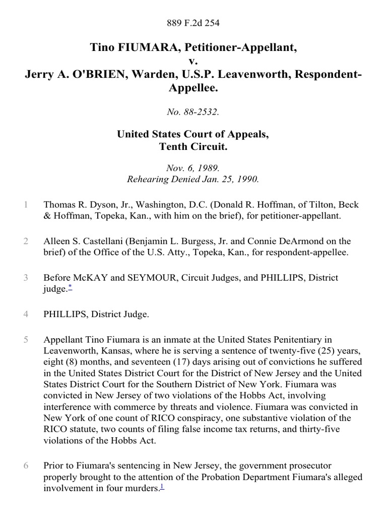 Tino Fiumara v. Jerry A. O'brien, Warden, U.S.P. Leavenworth, 889 F.2d ...