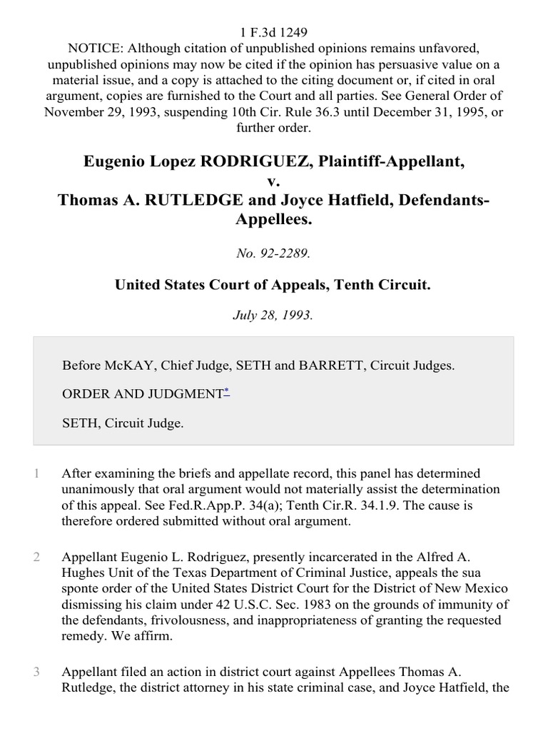 Eugenio Lopez Rodriguez v. Thomas A. Rutledge and Joyce Hatfield, 1 F ...
