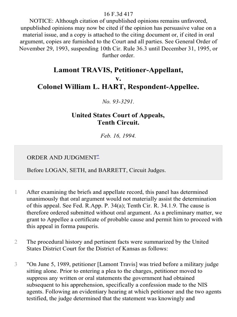 Lamont Travis v. Colonel William L. Hart, 16 F.3d 417, 10th Cir. (1994 ...