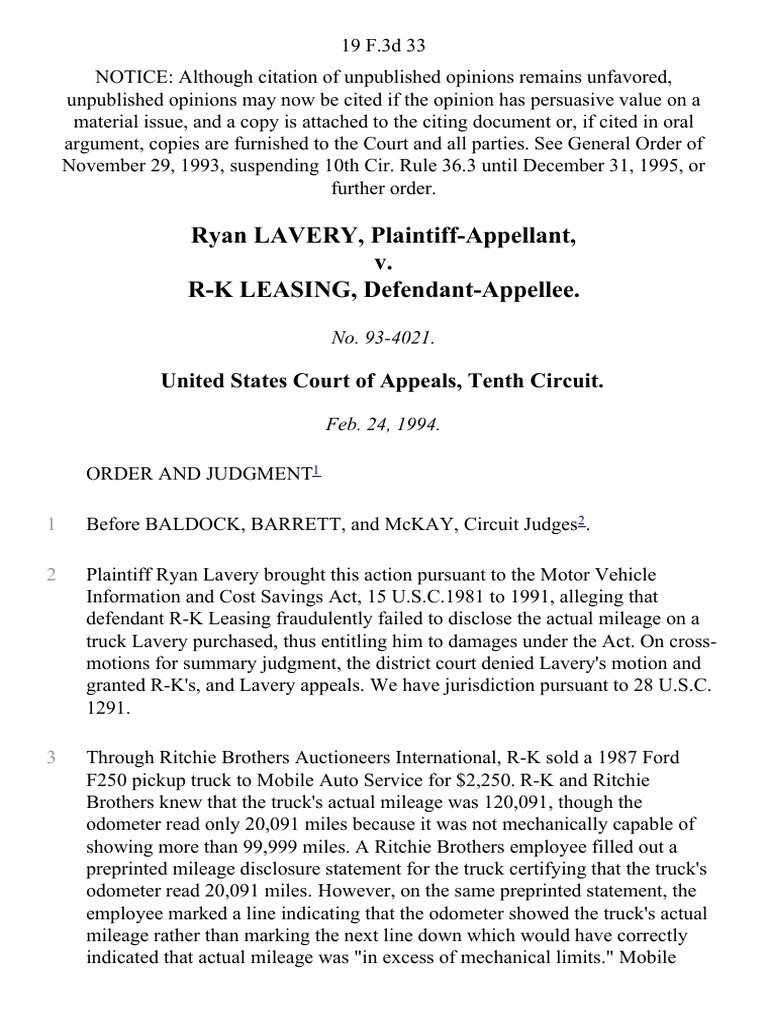 Ryan Lavery v. R-K Leasing, 19 F.3d 33, 10th Cir. (1994) | PDF ...