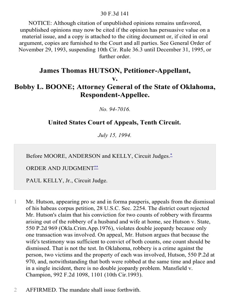 James Thomas Hutson v. Bobby L. Boone Attorney General of The State of ...