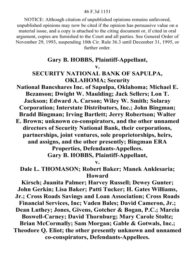Gary B. Hobbs v. Security National Bank of Sapulpa, Oklahoma Security ...