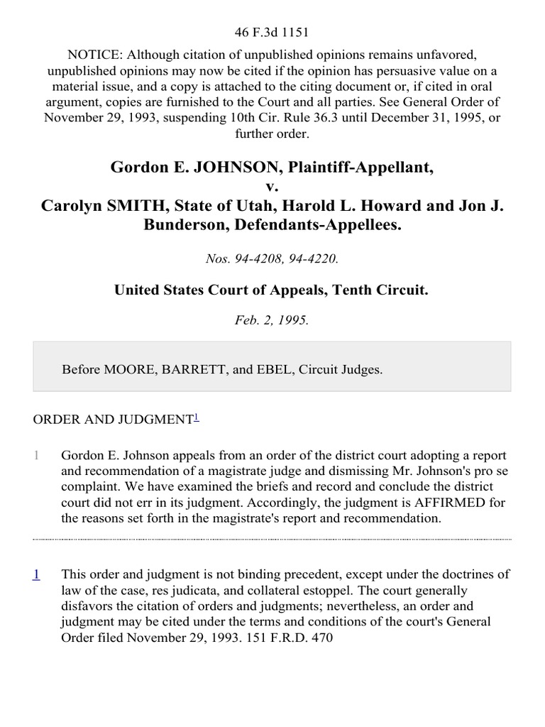 Gordon E. Johnson v. Carolyn Smith, State of Utah, Harold L. Howard and ...