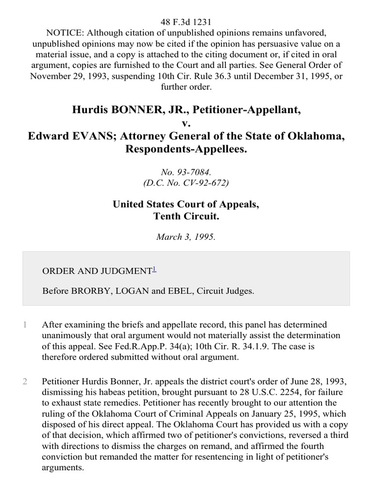 Hurdis Bonner, Jr. v. Edward Evans Attorney General of The State of ...