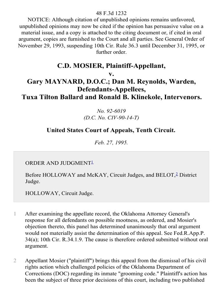 C.D. Mosier v. Gary Maynard, D.O.C. Dan M. Reynolds, Warden, Tuxa ...