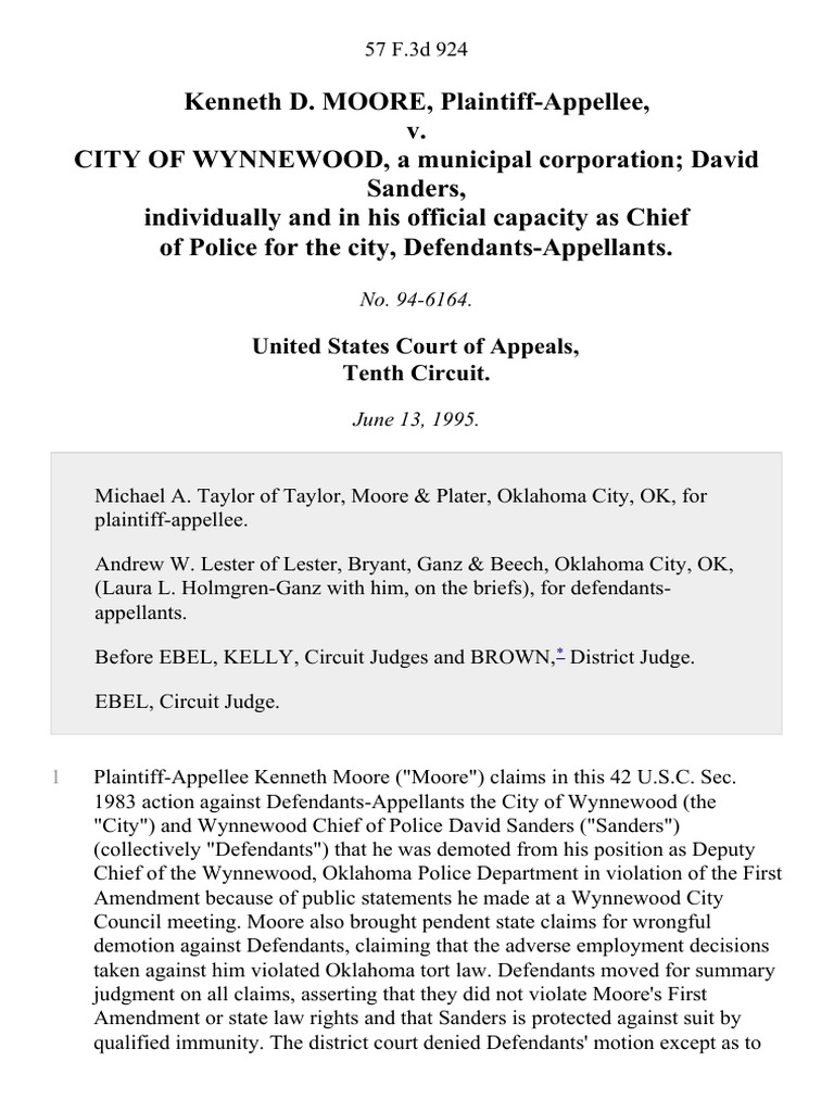Kenneth D. Moore v. City of Wynnewood, A Municipal Corporation David ...
