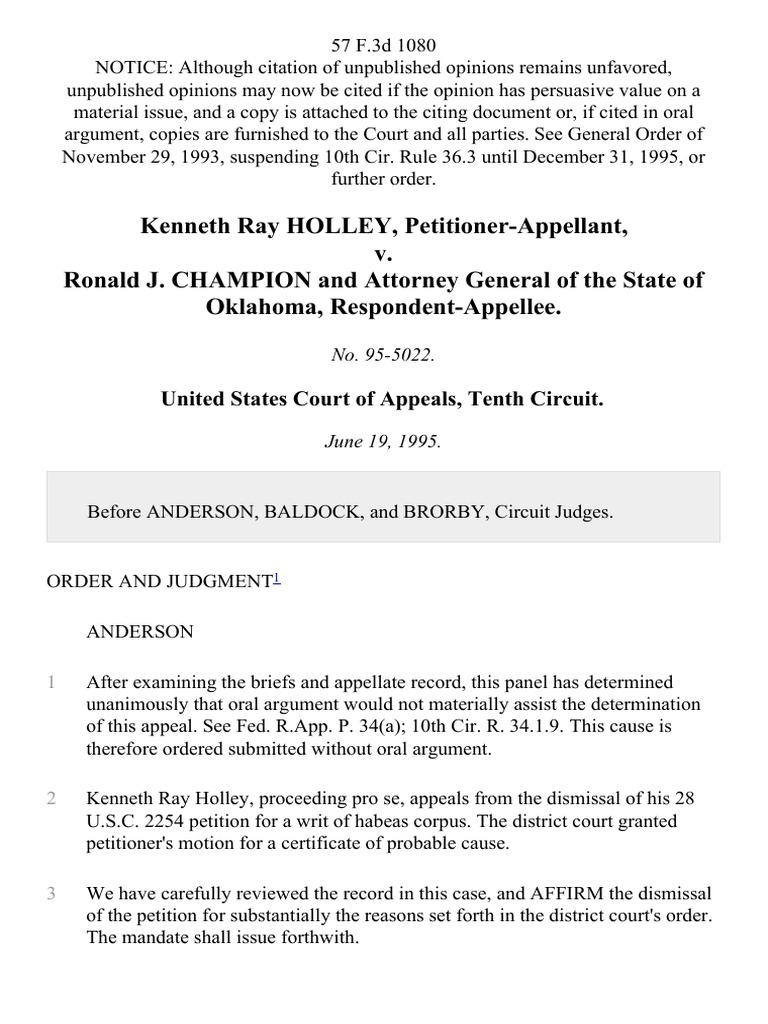 Kenneth Ray Holley v. Ronald J. Champion and Attorney General of The ...