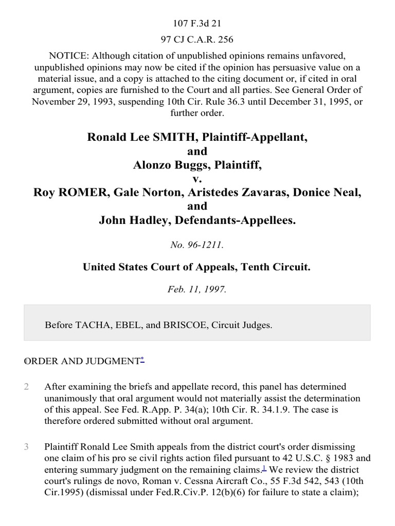 Ronald Lee Smith, and Alonzo Buggs v. Roy Romer, Gale Norton, Aristedes ...