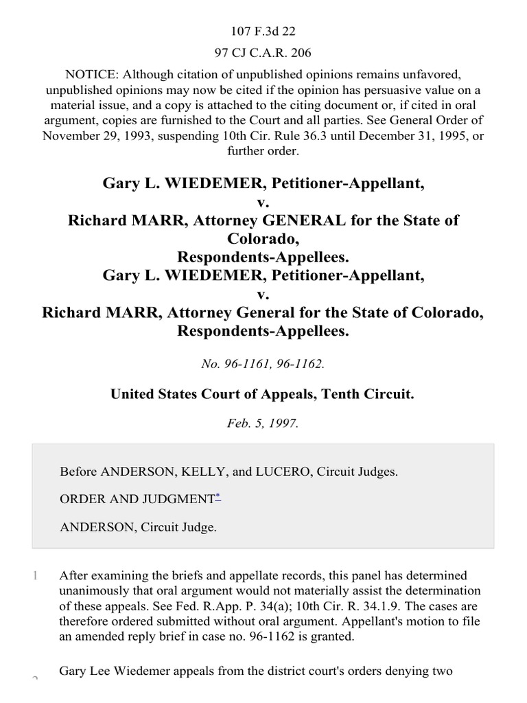 Gary L. Wiedemer v. Richard Marr, Attorney General For The State of ...