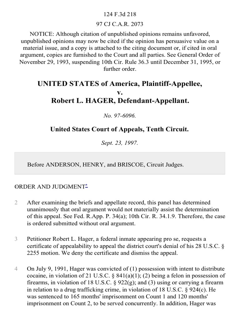 United States v. Robert L. Hager, 124 F.3d 218, 10th Cir. (1997) | PDF ...