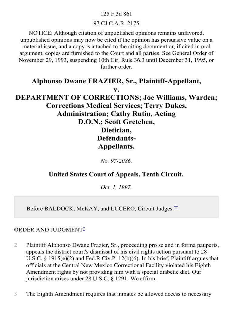 Alphonso Dwane Frazier, Sr. v. Department of Corrections Joe Williams ...