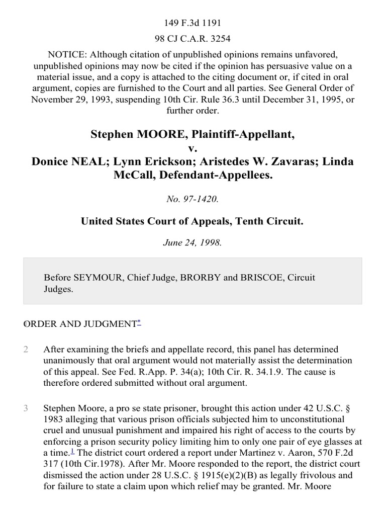Stephen Moore v. Donice Neal Lynn Erickson Aristedes W. Zavaras Linda ...